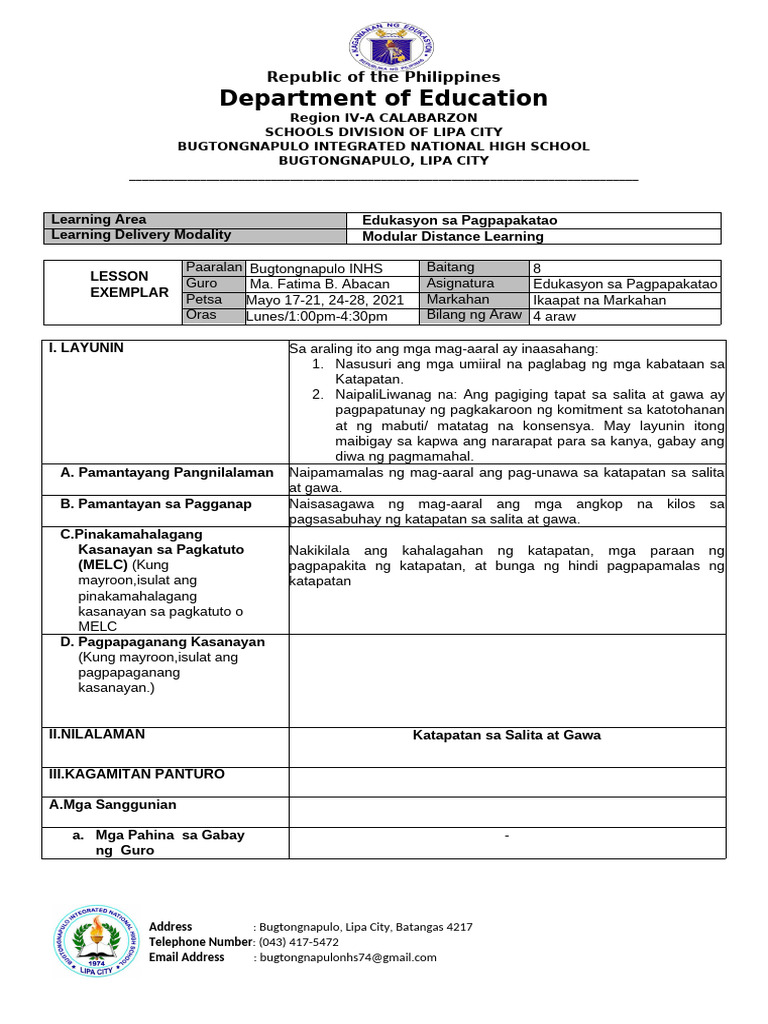 Esp 8 Le - 1-2week - 4thquarter | PDF