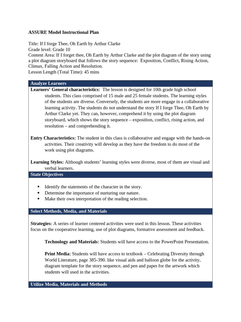 ASSURE Model Instructional Plan | PDF | Learning Styles | Reading ...