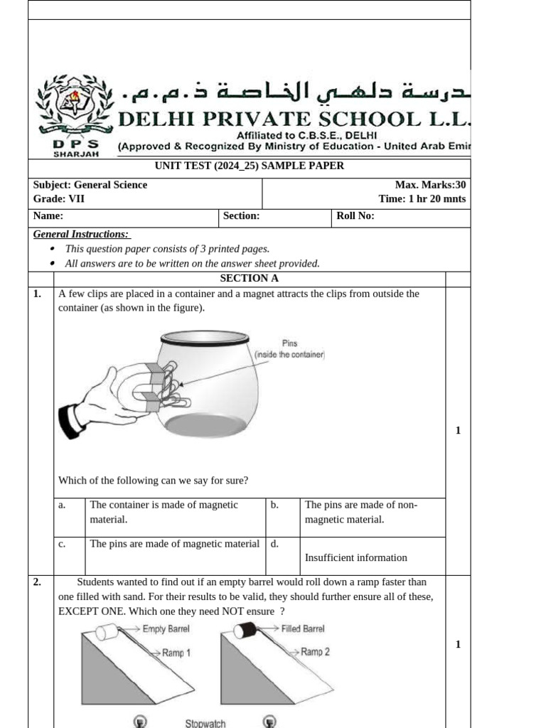 Ut2 Sci GR7 Set1 Sample QP 2024-25 | PDF