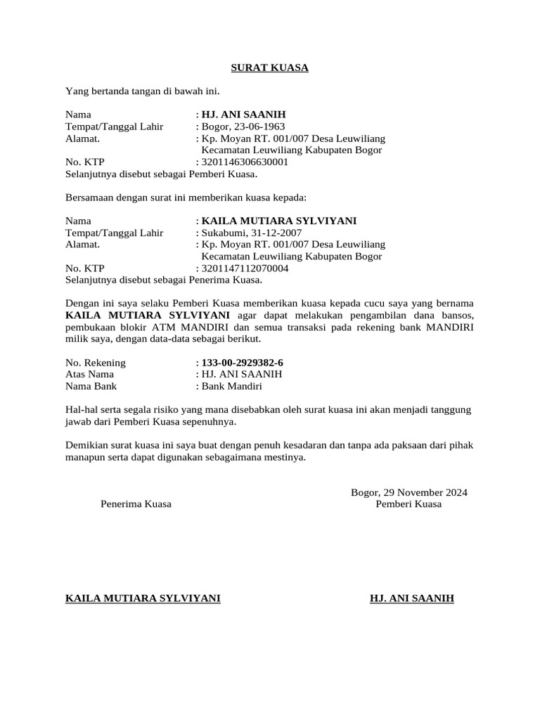 Surat Kuasa Pengambilan Dana Bansos Bank Mandiri | PDF