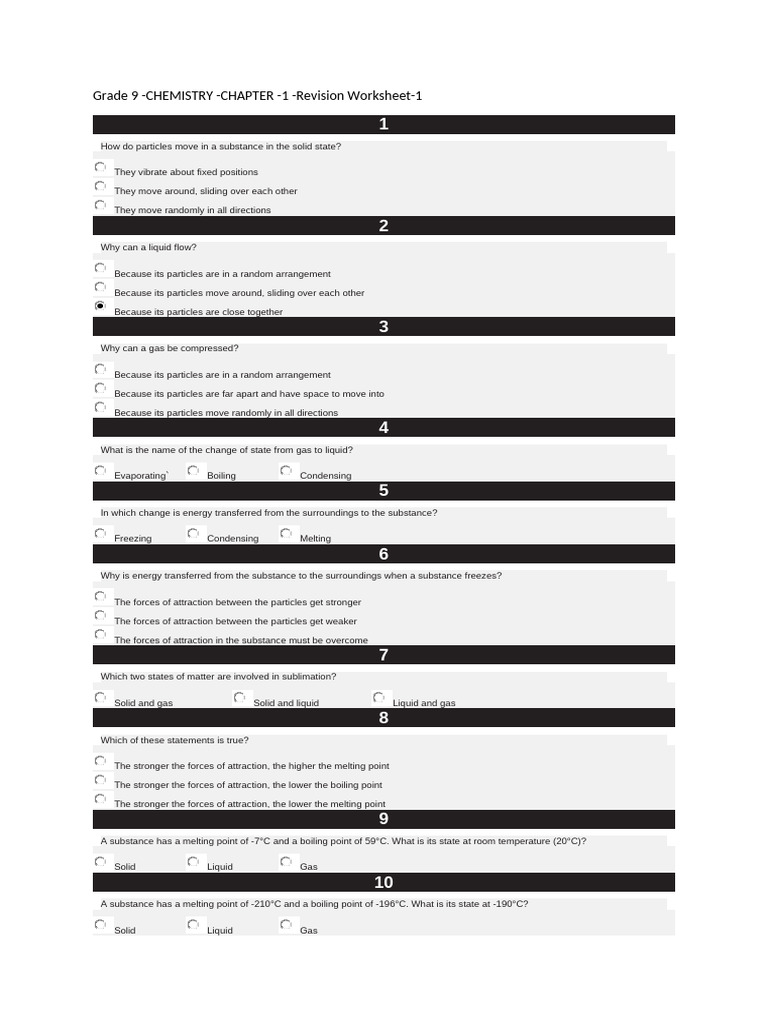 Grade 9 Chemistry: States of Matter Worksheet | PDF | Gases | Liquids