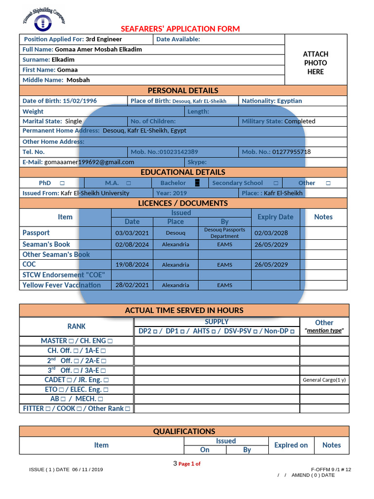 Seafarers' Application Form | PDF | Water Transport | Shipping