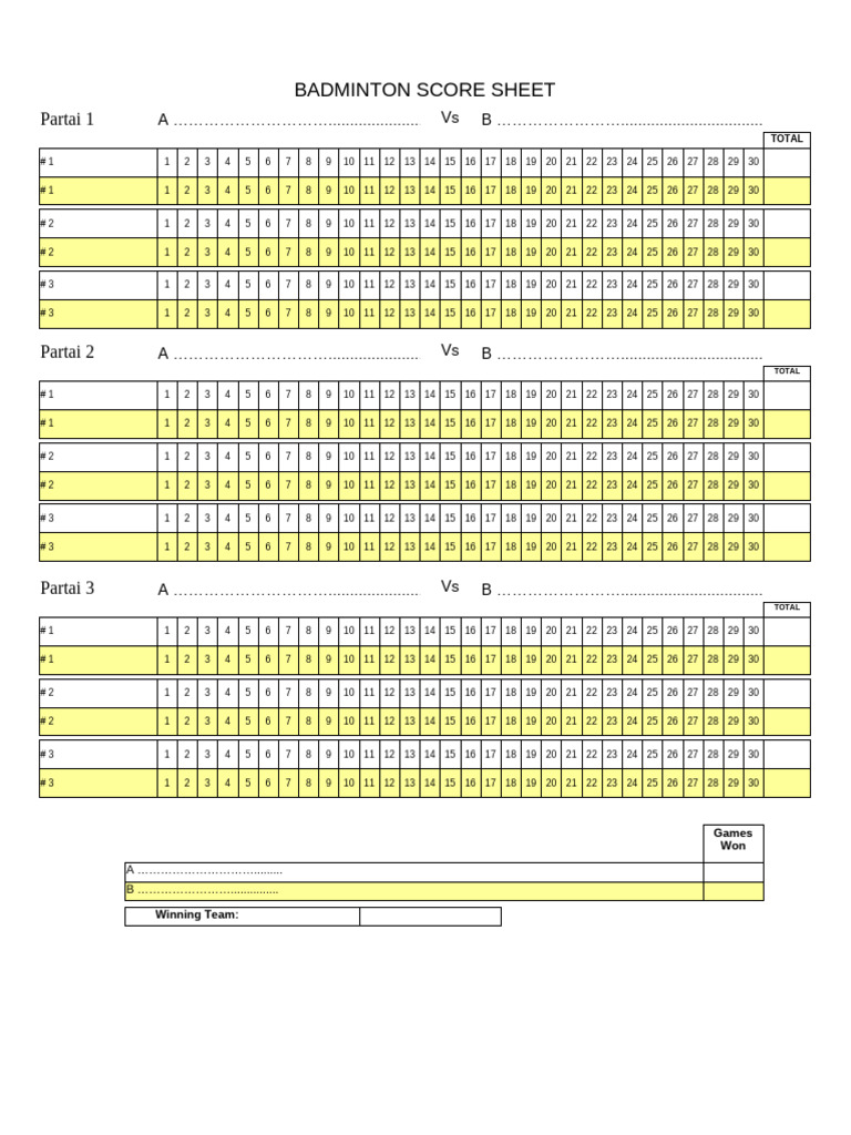 Draft - Badminton Score Sheet 30 | PDF