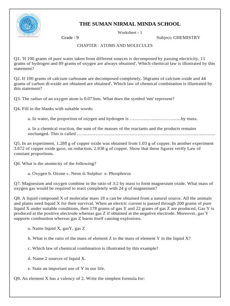 Chemistry Grade 9 Chap 3 - Worksheet - 1 | PDF | Ion | Proton