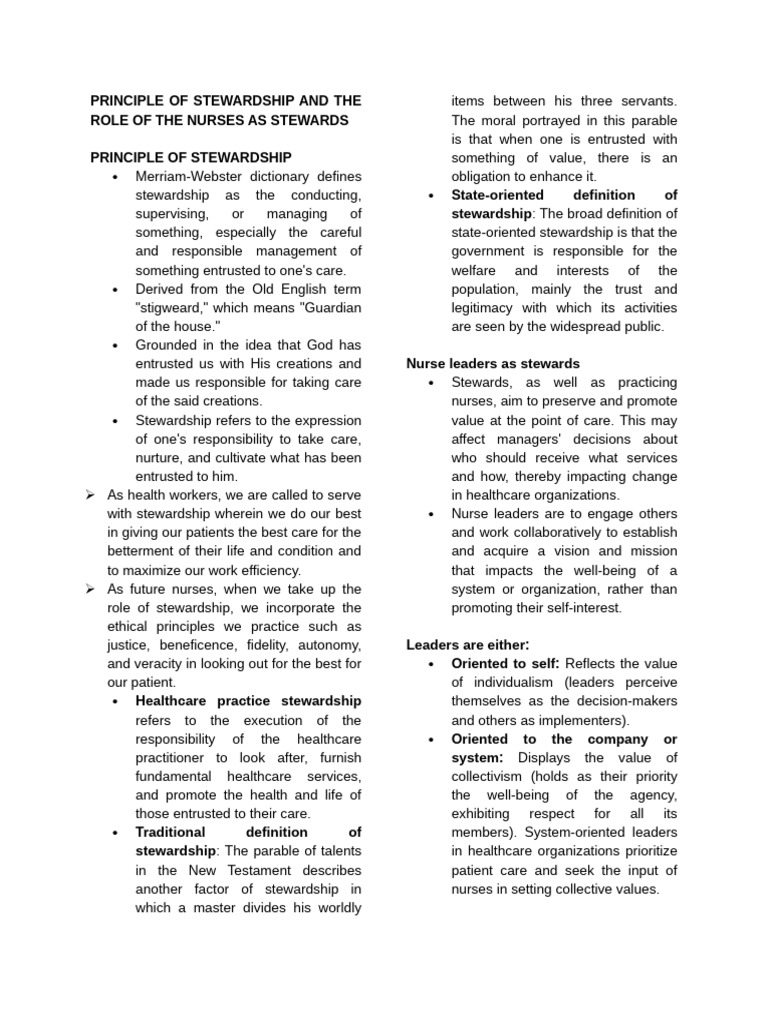 Principle of Stewardship and The Role of The Nurses As Stewards 1 | PDF ...