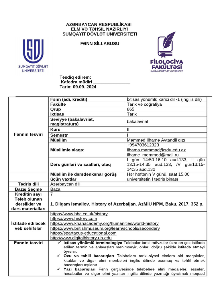 SİLLABUS İxtisas Yönümlü Tarix 2 | PDF