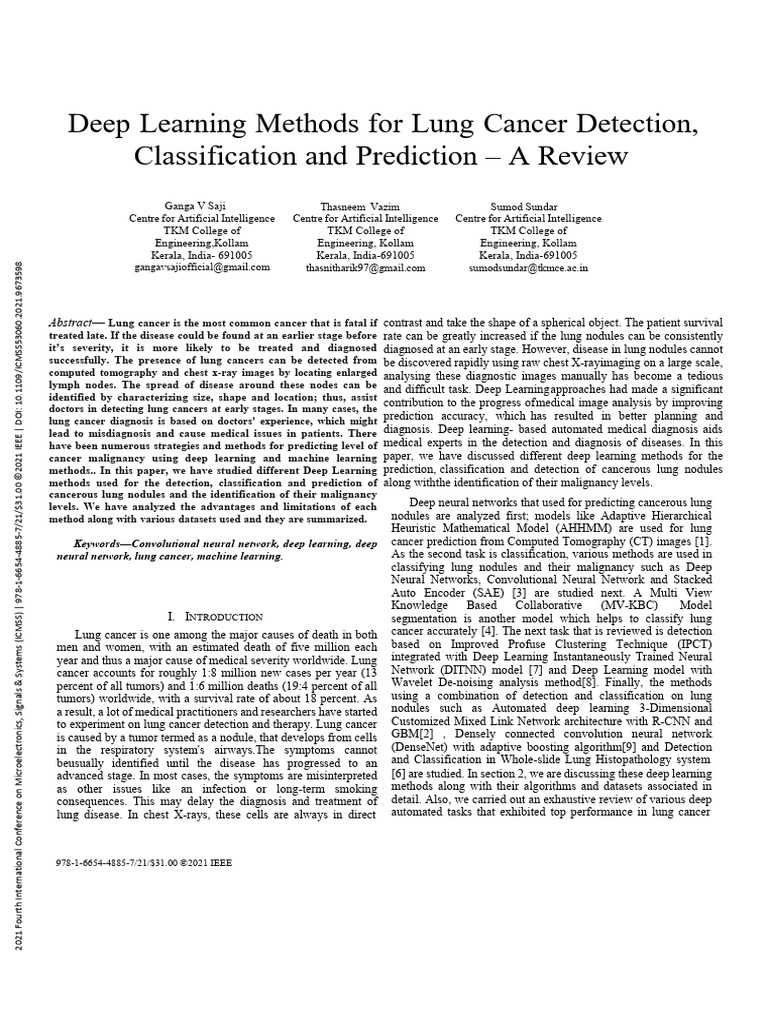 Deep Learning Methods For Lung Cancer Detection Classification And Prediction A Review Pdf