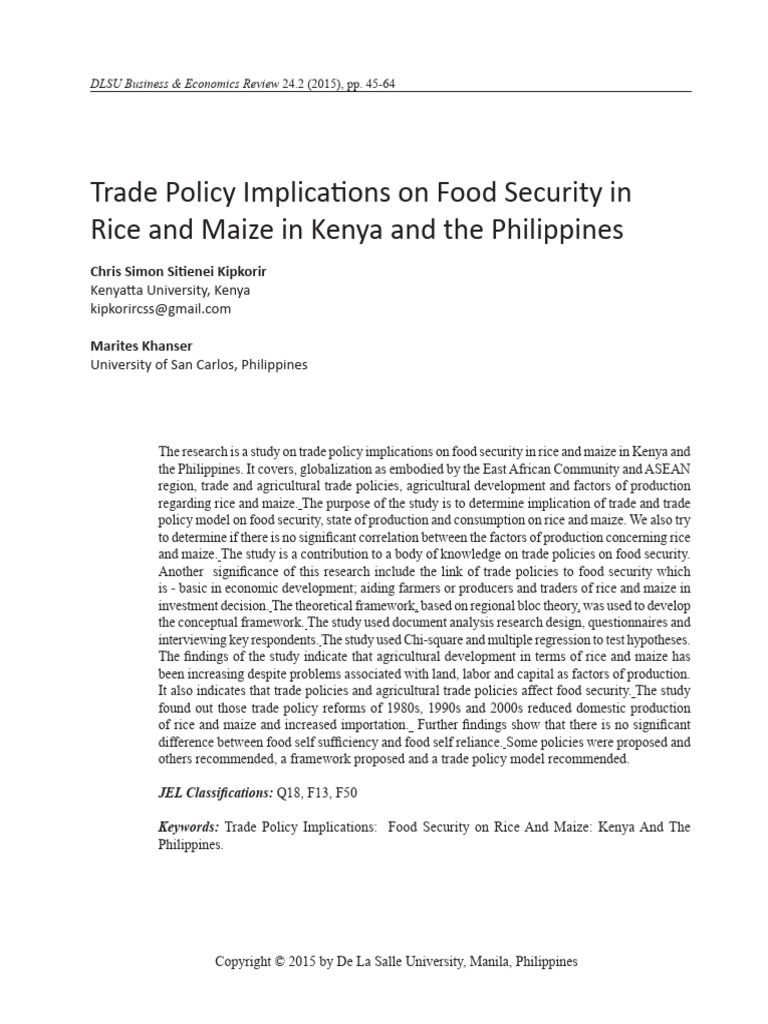 Trade Policy Implicationson Food Securityin Riceand Maizein Kenyaandthe ...