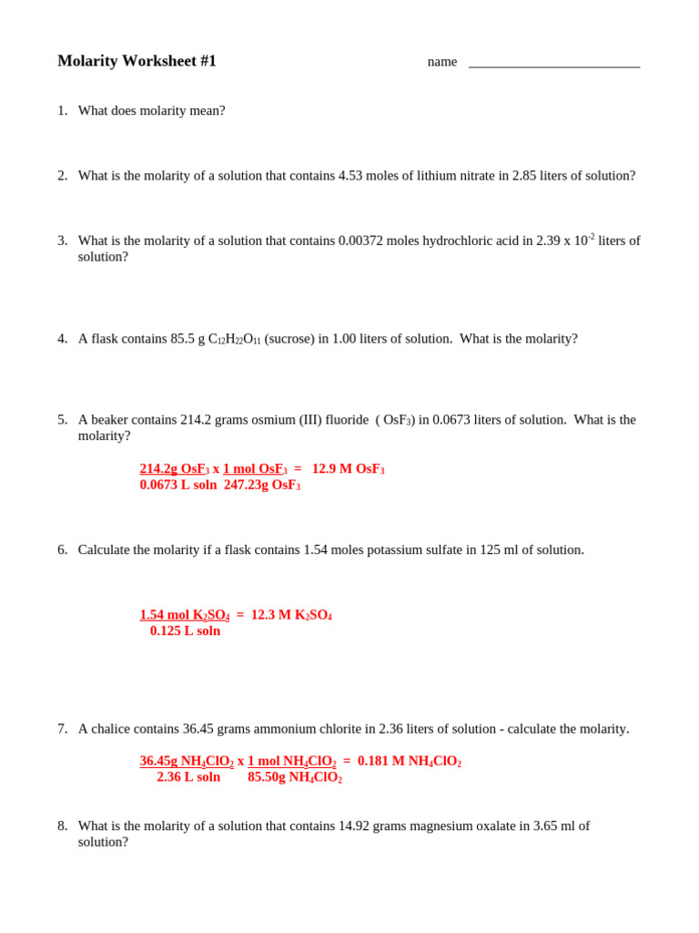 Molarity and Stoichiometry Worksheet | PDF | Hydroxide | Magnesium