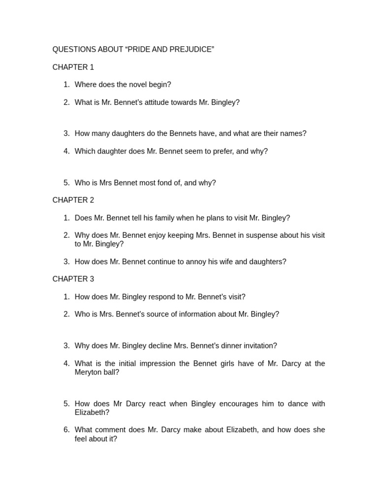 Pride and Prejudice Chapter Questions | PDF | Pride And Prejudice | Mr ...