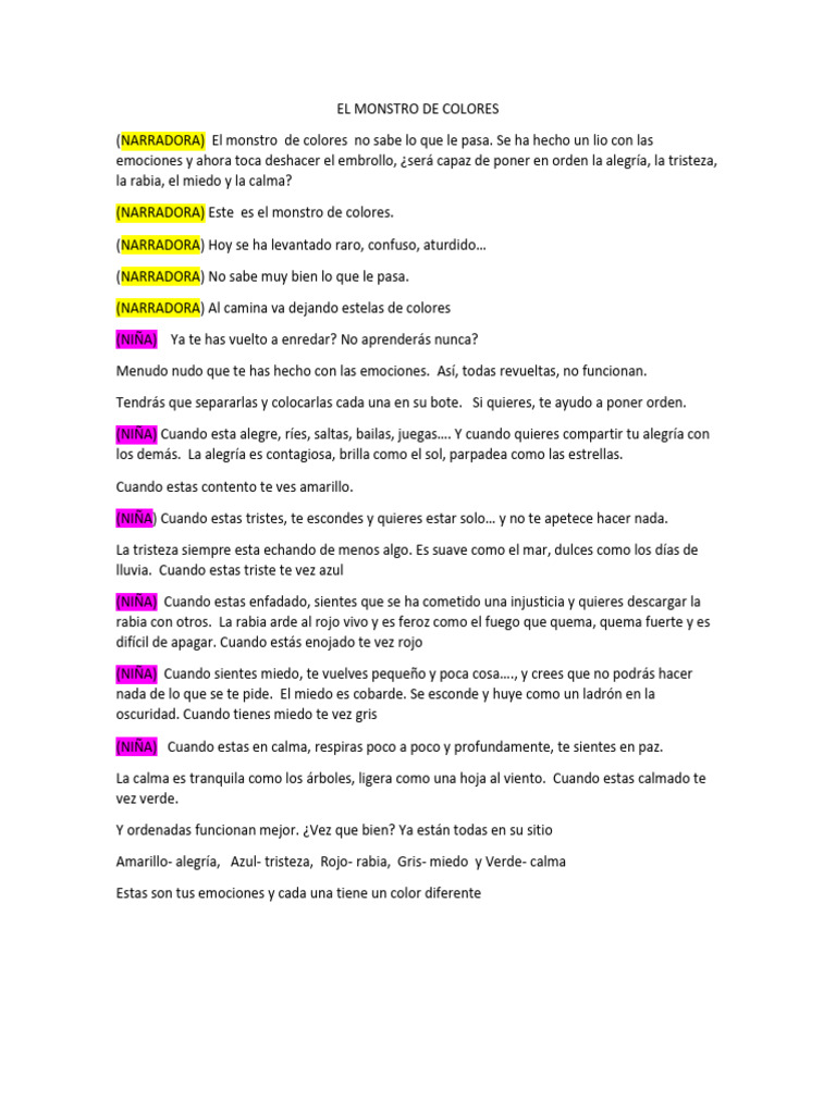 Colores y emociones del monstruo | PDF