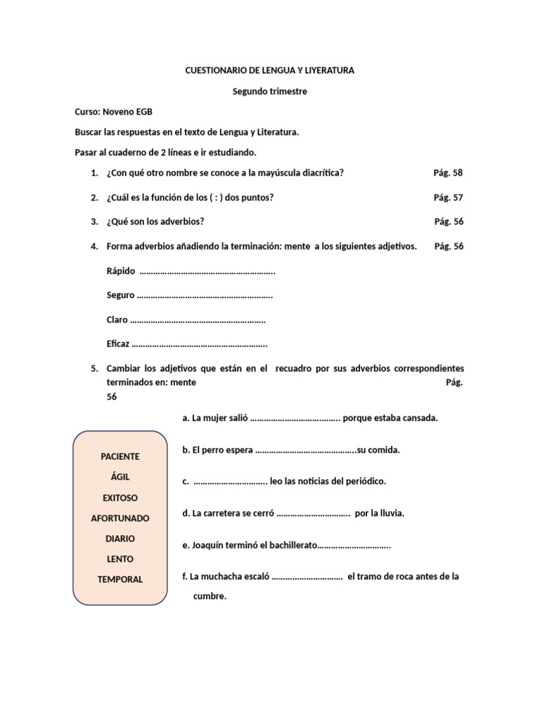 Cuestonario 9no B Lengua 2do Trim | PDF | Lingüística