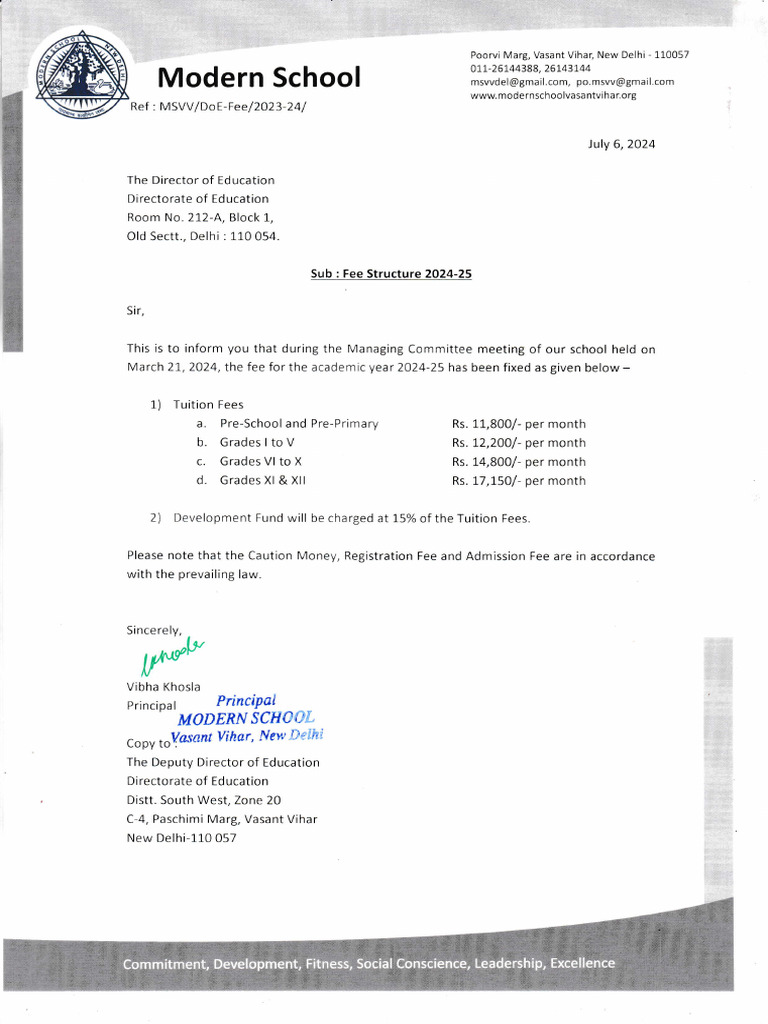 Vasant Vihar School Fee Structure 2024-25 | PDF