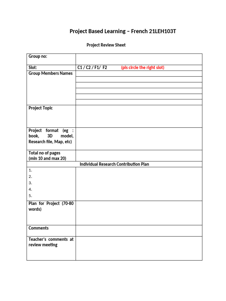 Project Based Learning - Review Sheet | PDF