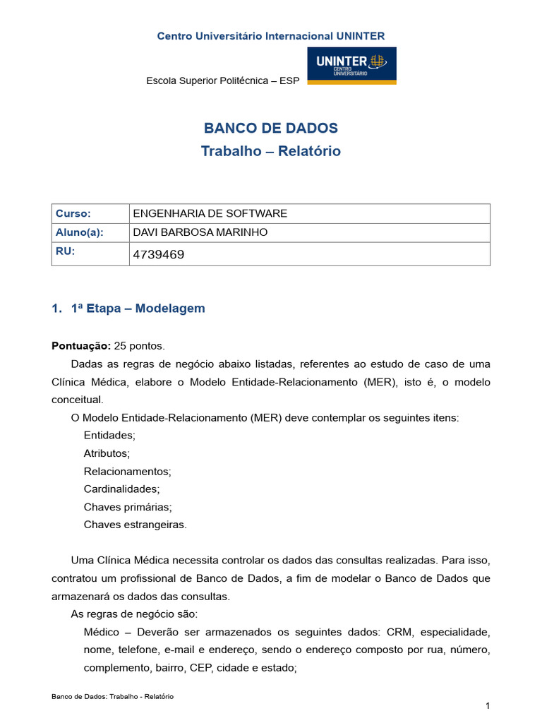 Trabalho - Relatorio Oficial | PDF | Modelo relacional | SQL