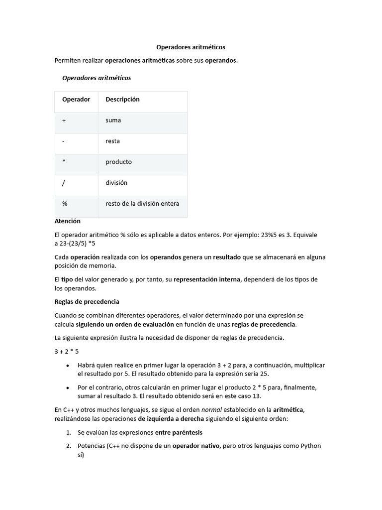 Operadores Aritméticos | PDF | Multiplicación | División (Matemáticas)