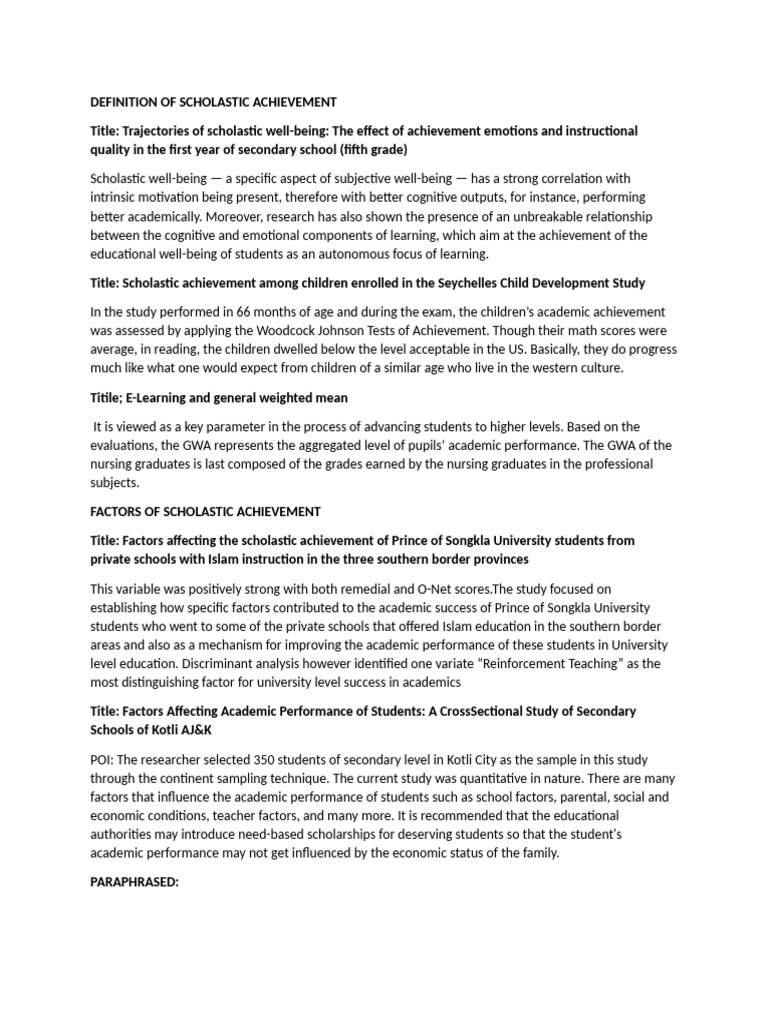 Definition of Scholastic Achievement | PDF | Well Being | Teachers