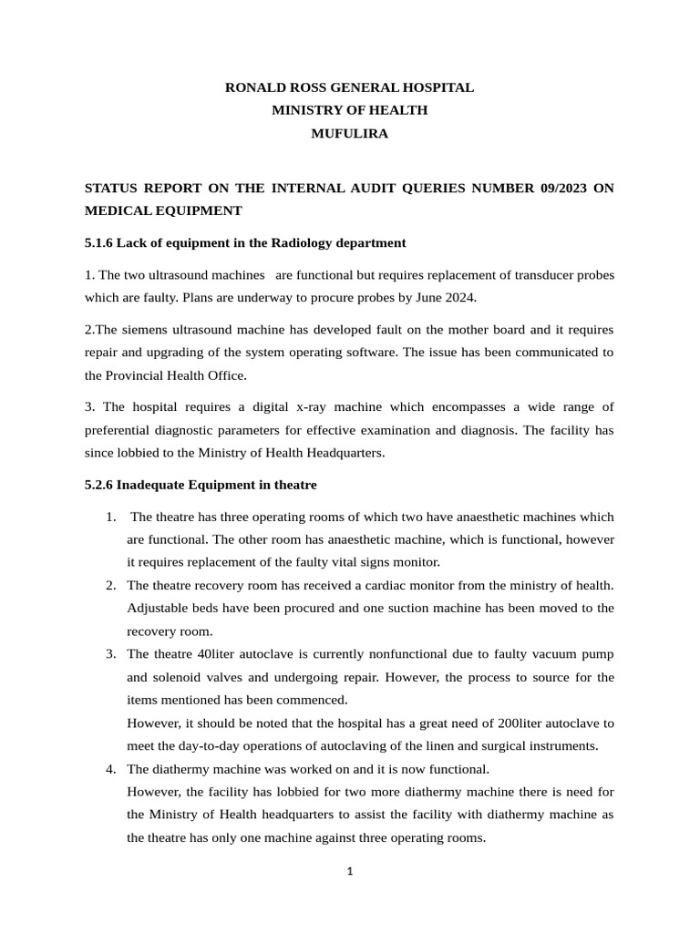 Internal Audit Report on Medical Equipment | PDF | Washing Machine