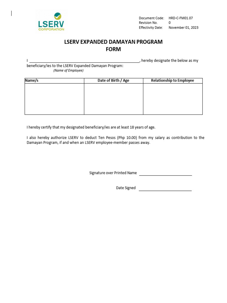 LSERV Expanded Damayan Program Form | PDF