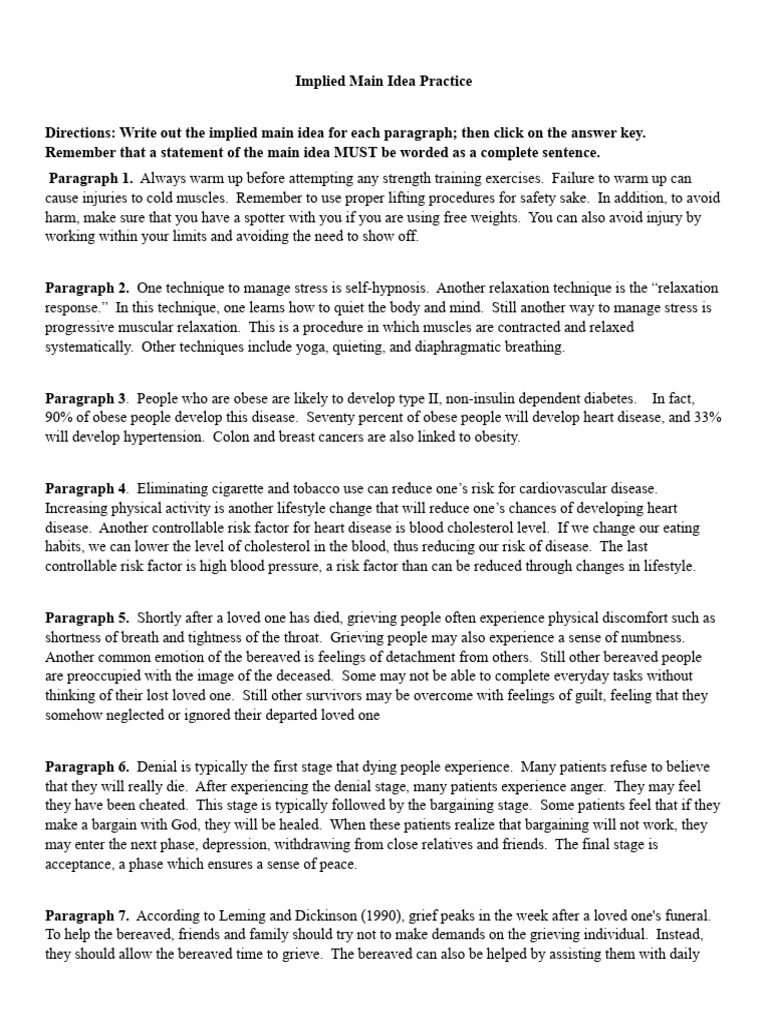 Implied Main Idea Exercises Guide | PDF | Grief | Cardiovascular Diseases