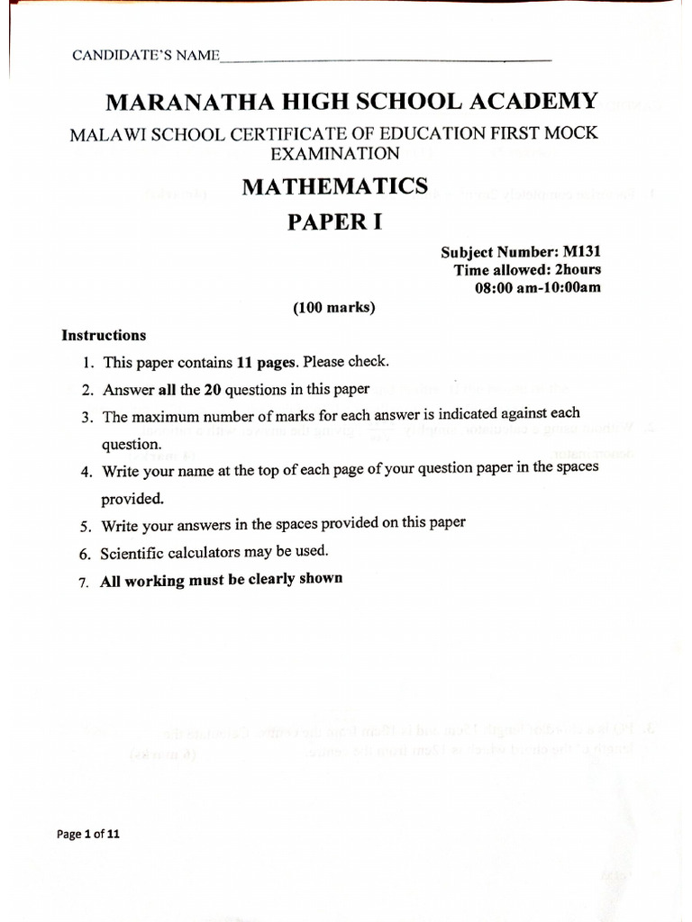 Mara_mock_1_Maths_P1 | PDF