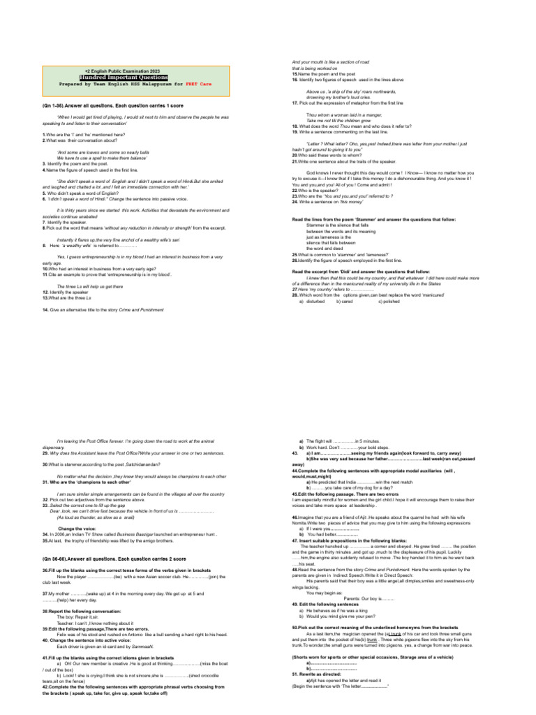 100 Imp Qns and Ans For +2 English | PDF