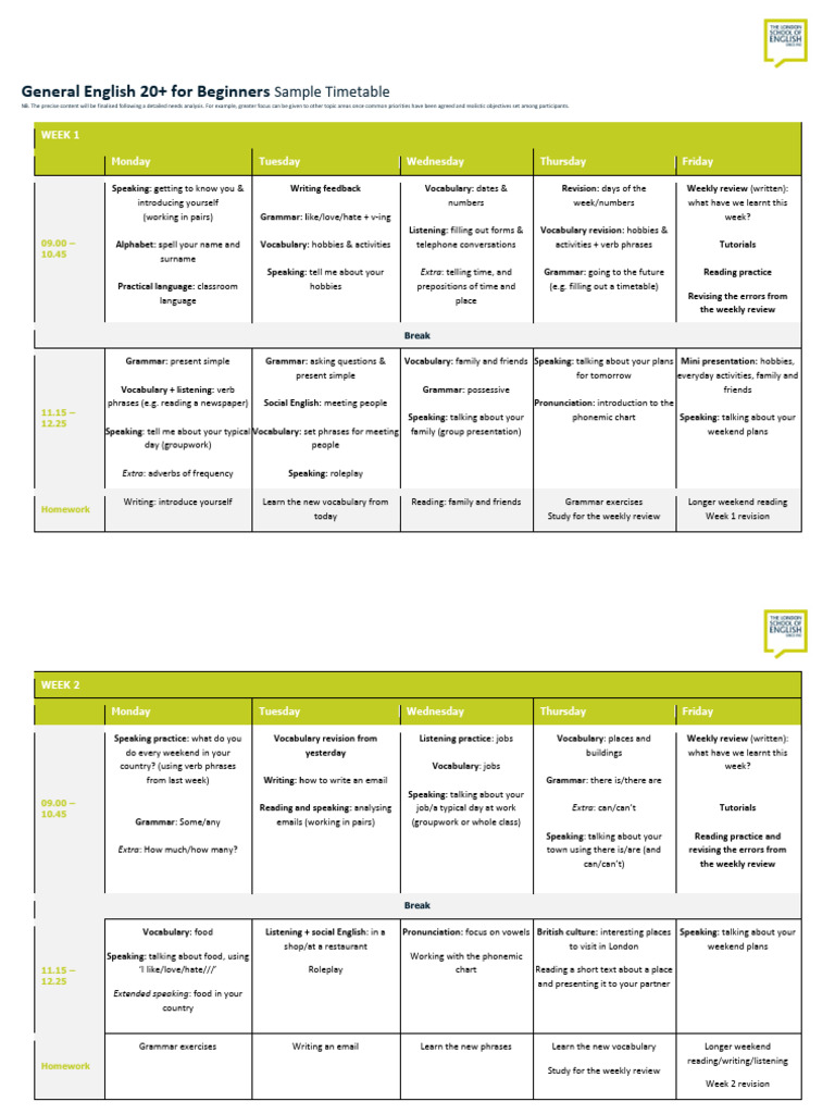 English Course Timetable for Beginners | PDF | English Language ...