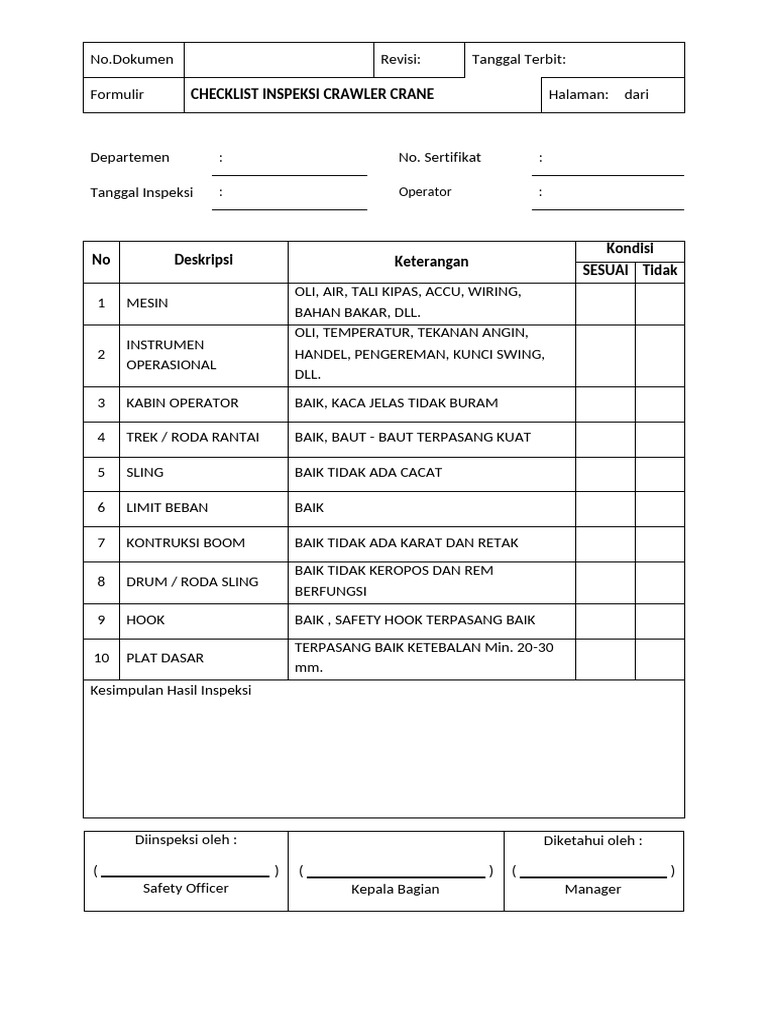FORM CHECK LIST INSPEKSI CRAWLER CRANE | PDF