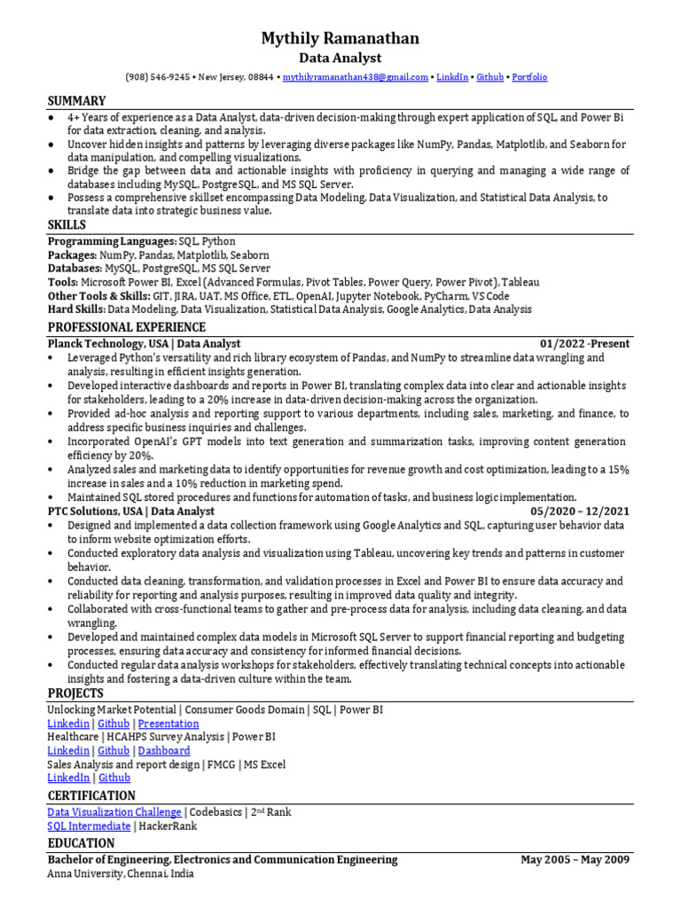 Mythily Ramanathan - Data Analyst Resume PDF | PDF | Data Analysis ...