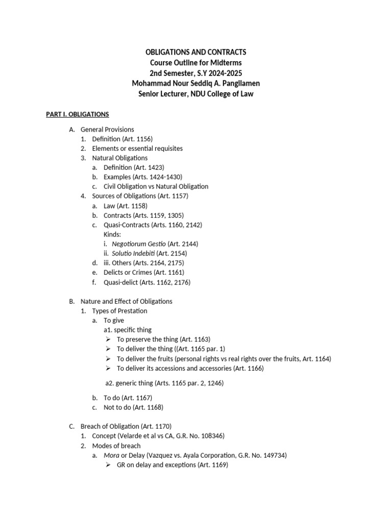 Obligations and Contracts Course Outline | PDF | Payments | Solidarity