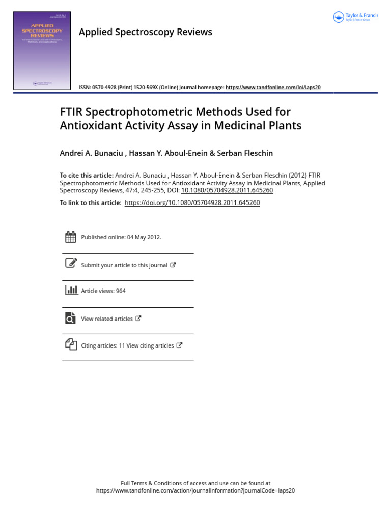 Ftir Spectrophotometric Methods Used For Antioxidant Activity Assay In