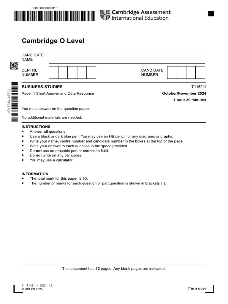 Cambridge O Level: 7115/11 Business Studies | PDF | Business