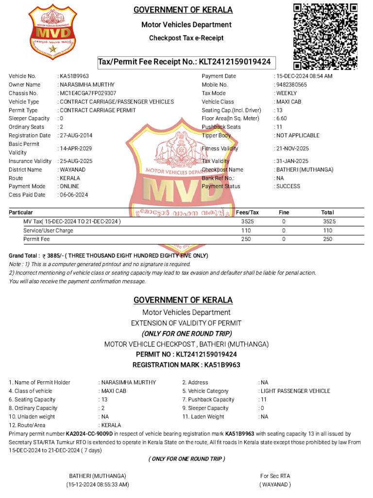 Kerala Motor Vehicle Tax e-Receipt | PDF | Vehicles | Transport