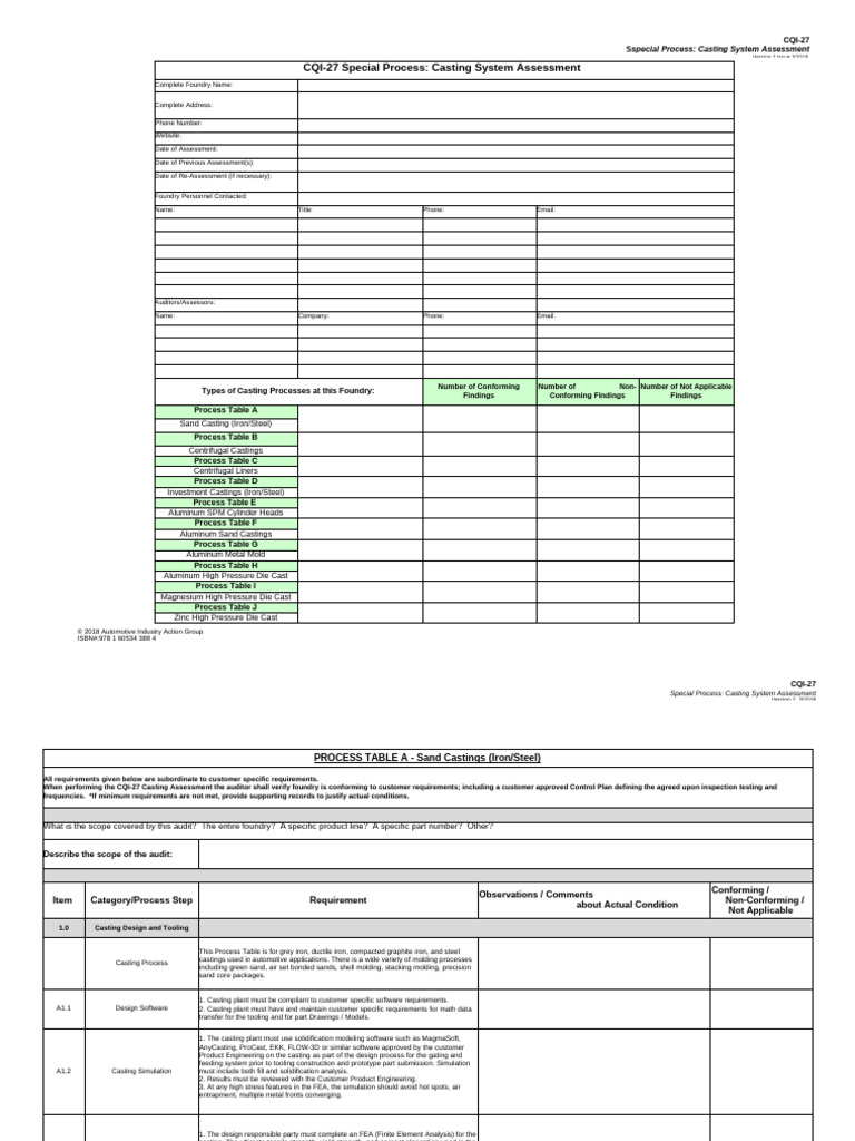 CQI-27 Assessment Final | PDF | Foundry | Casting