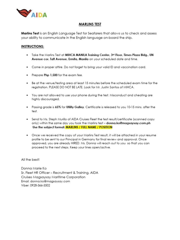 Marlins Test Details for Seafarers | PDF