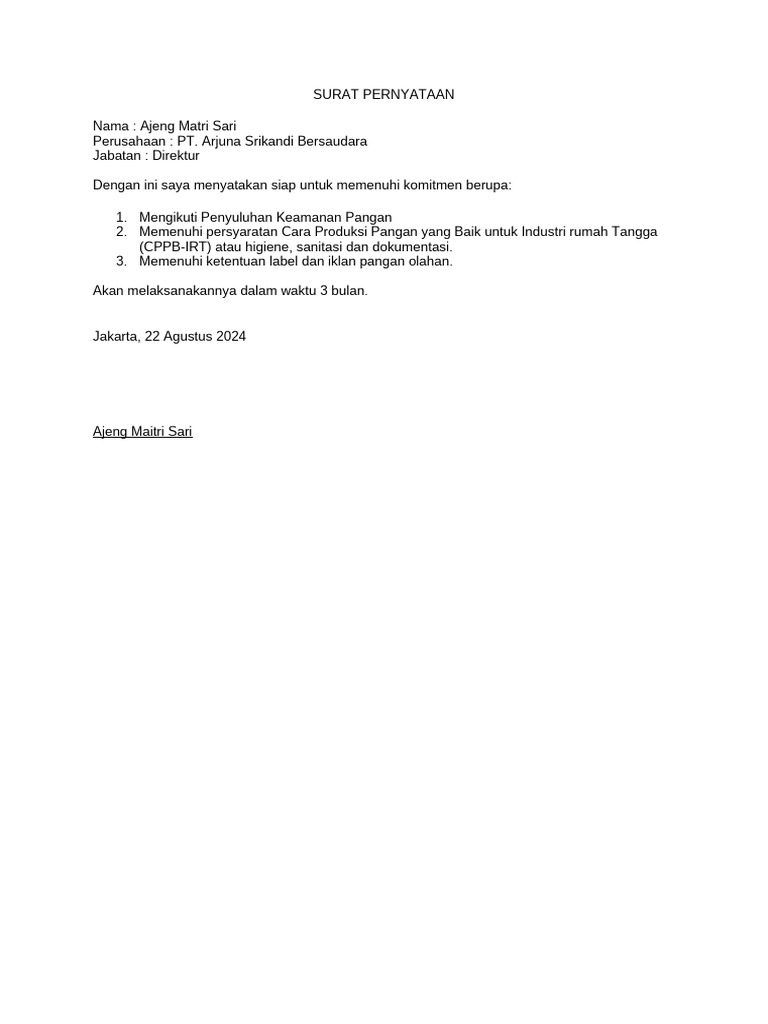 Surat Pernyataan PIRT Ajeng Matri Sari | PDF
