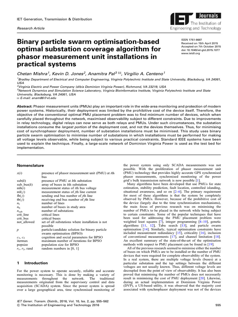 2016 Binary Particle Swarm Optimisation Basedoptimal Substation Coverage Algorithm Forphasor