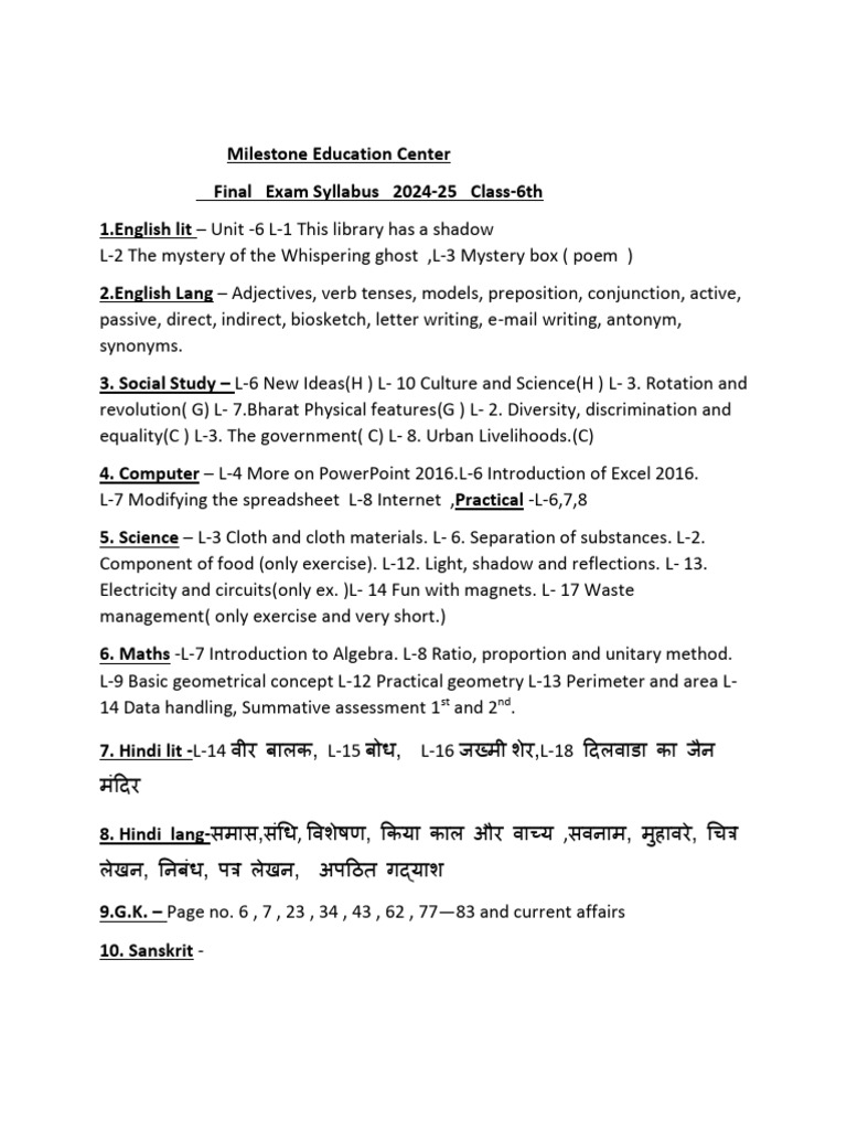 Final exam syllabus Class -6th ??-1 | PDF
