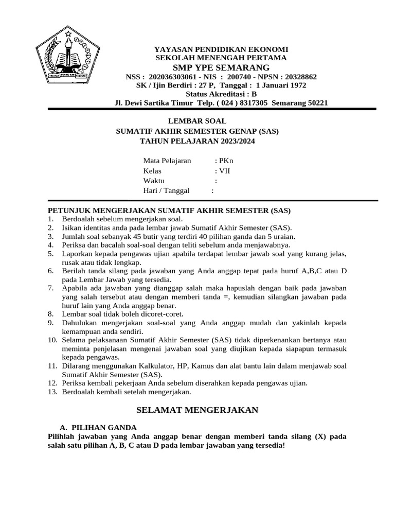 KELAS VII STS MAPEL PKN | PDF