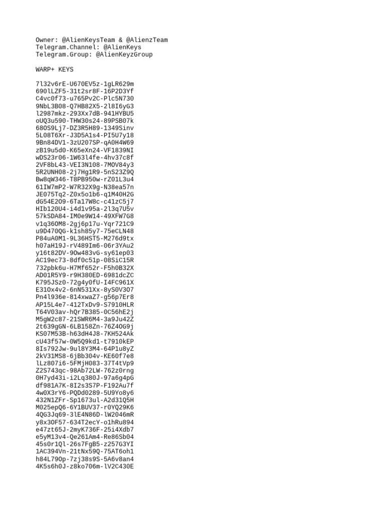 WARP+ Keys List for AlienKeys Team | PDF