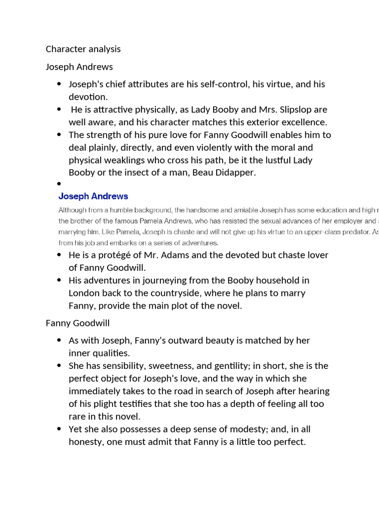 Character Analysis of Joseph Andrews | PDF