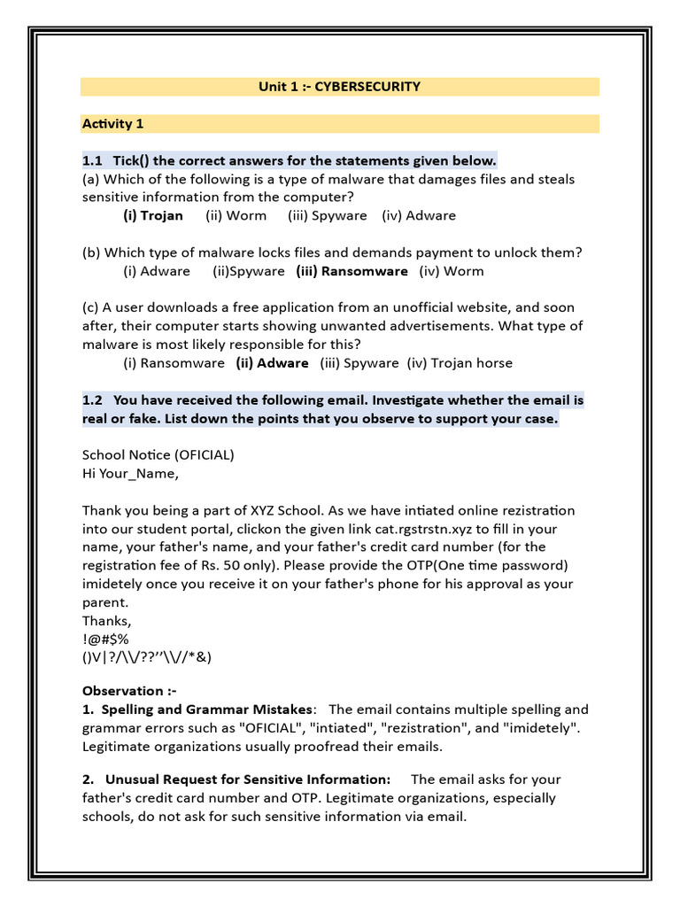 Unit 1 Cybersecurity, Activity and Some IMP Q | PDF | Malware ...
