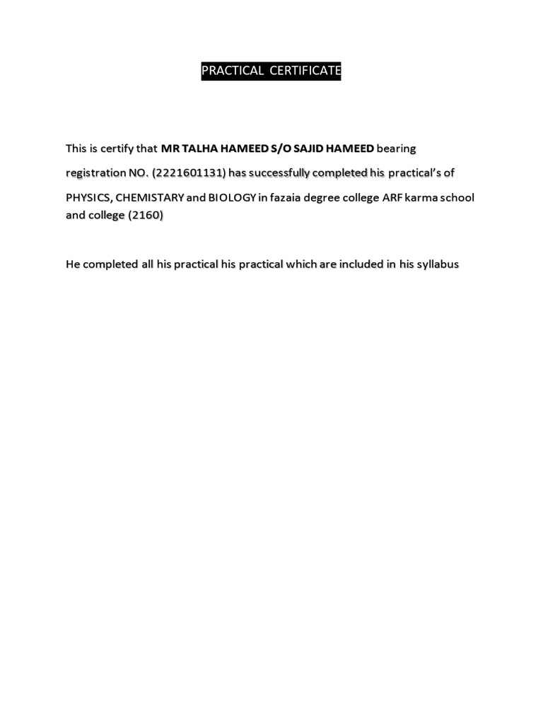 Practical Certificate | PDF