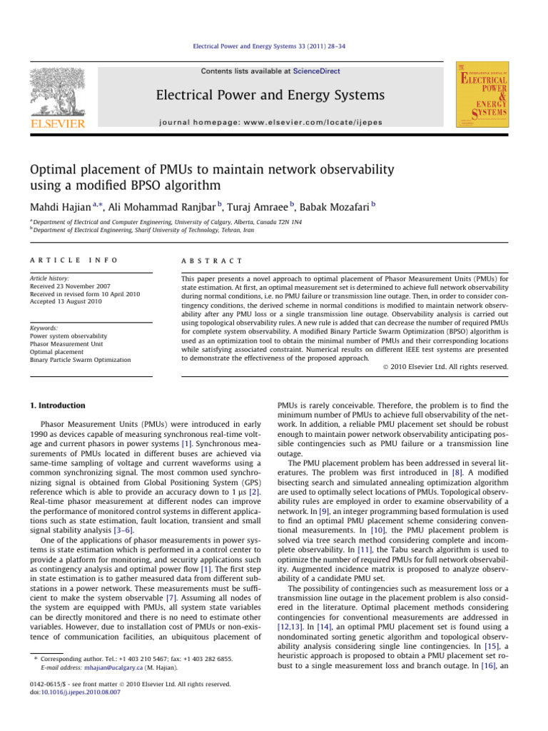 Optimal Placement of PMUs To Maintain Network Observability Using A Modified BPSO Algorithm ...