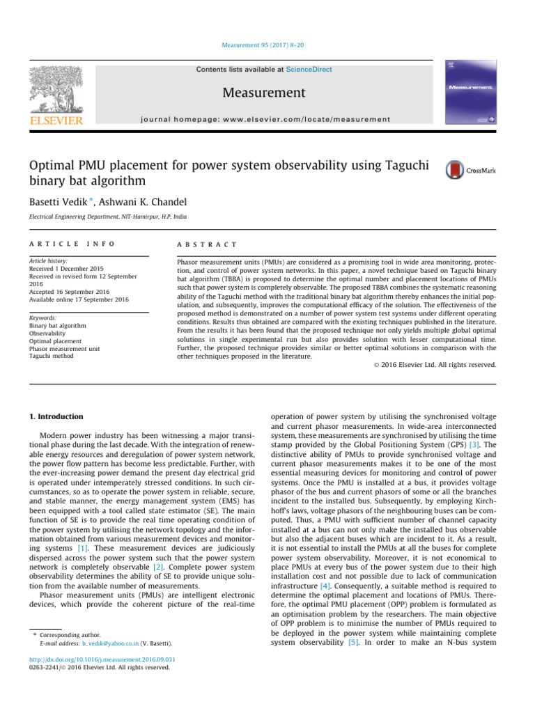 Optimal PMU Placement For Power System Observability Using Taguchibinary Bat Algorithm | PDF ...