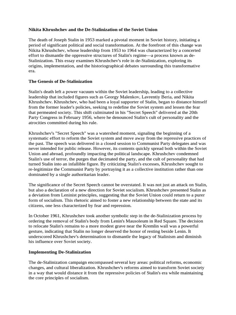 Khrushchev's Role in De-Stalinization | PDF | Nikita Khrushchev ...