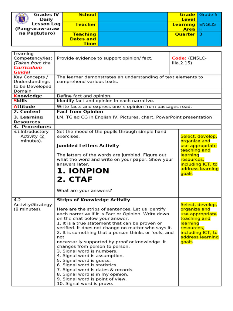 Grade 5 English Lesson: Fact vs Opinion | PDF | Educational Technology ...