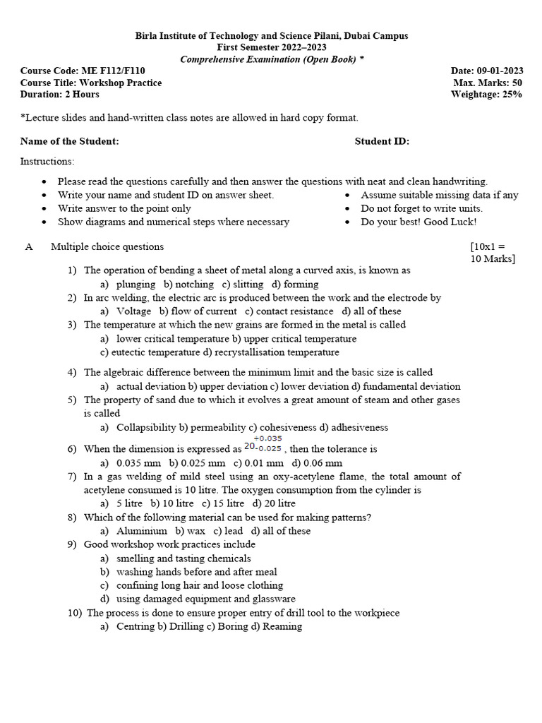 Comprehensive Exam Paper WP - I Sem - 22-23 | PDF | Machining ...