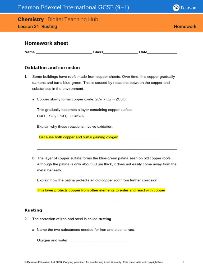 IG Chemistry Lesson31 Homework | PDF | Rust | Corrosion