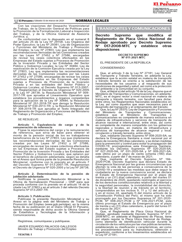 Decreto Supremo Que Modifica El Reglamento de Placa Unica Na Decreto Supremo N 011 2021 MTC 13 ...